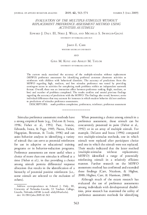 Pdf Evaluation Of The Multiple Stimulus Without Replacement Preference Assessment Method Using 