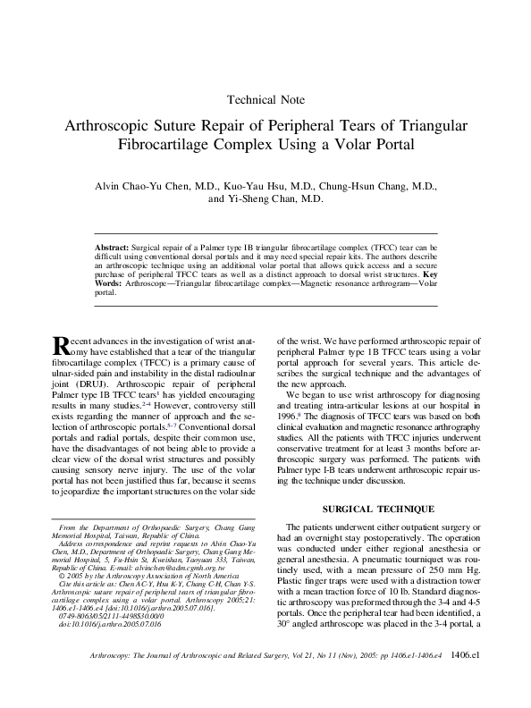 (PDF) Arthroscopic Suture Repair of Peripheral Tears of Triangular Fibrocartilage Complex Using ...