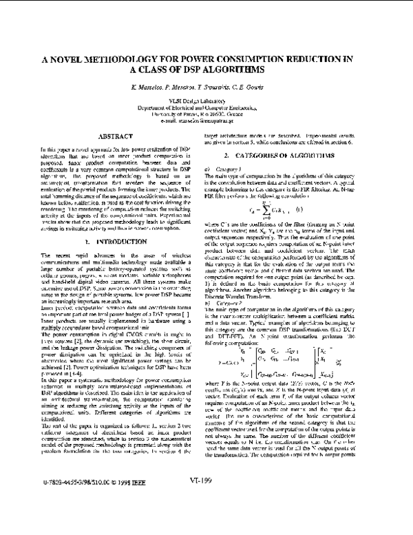 Pdf A Novel Methodology For Power Consumption Reduction In A Class Of Dsp Algorithms