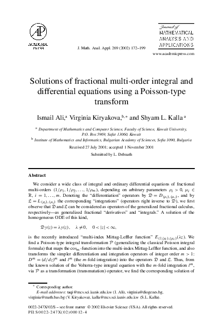 Pdf New Integral Transform For Solving Some Fractional Differential Equations Ismail Qemali