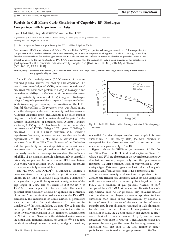 Pdf Particle In Cell Monte Carlo Simulation Of Capacitive Rf