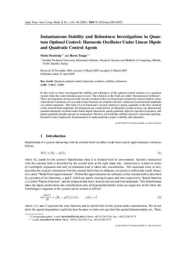 (PDF) Instantaneous Stability and Robustness Investigations in Quantum Optimal Control: Harmonic ...