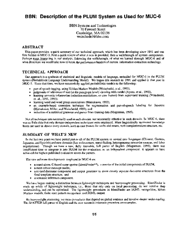 (PDF) BBN: description of the PLUM system as used for MUC5