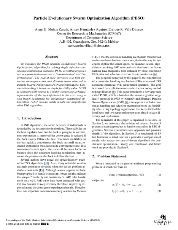 Pdf Particle Evolutionary Swarm Optimization Algorithm Peso