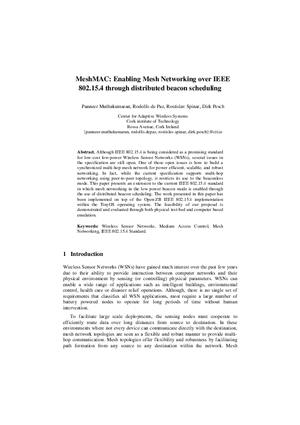 Pdf Meshmac Enabling Mesh Networking Over Ieee 802154 Through Distributed Beacon Scheduling