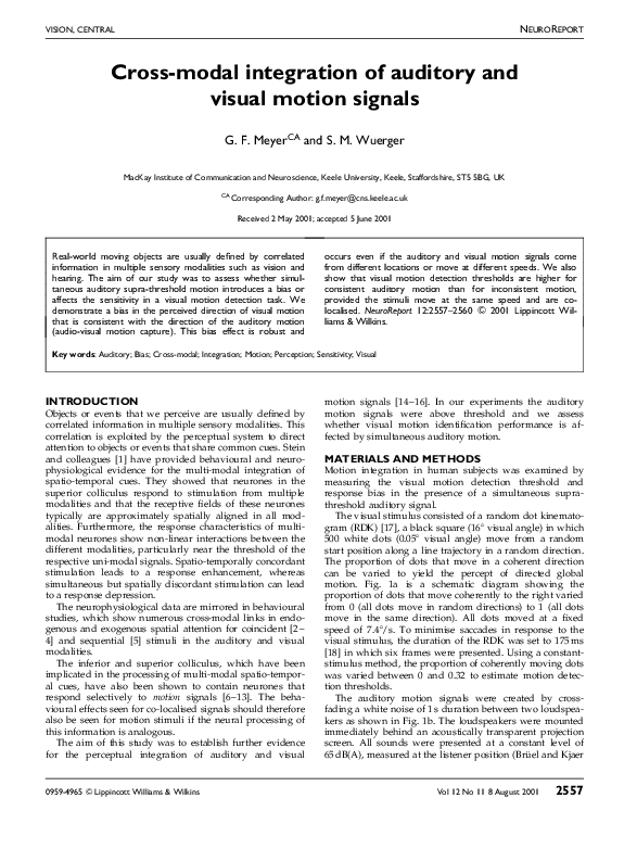 Pdf Cross Modal Integration Of Auditory And Visual Motion Signals