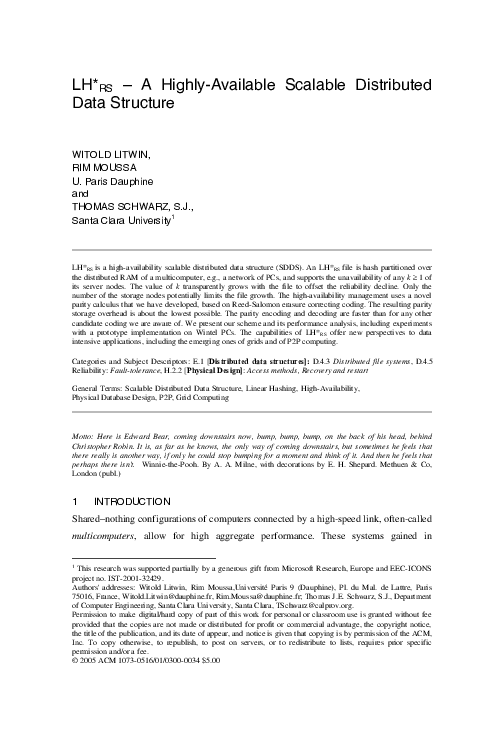(PDF) LH* RS ---a highly-available scalable distributed data structure