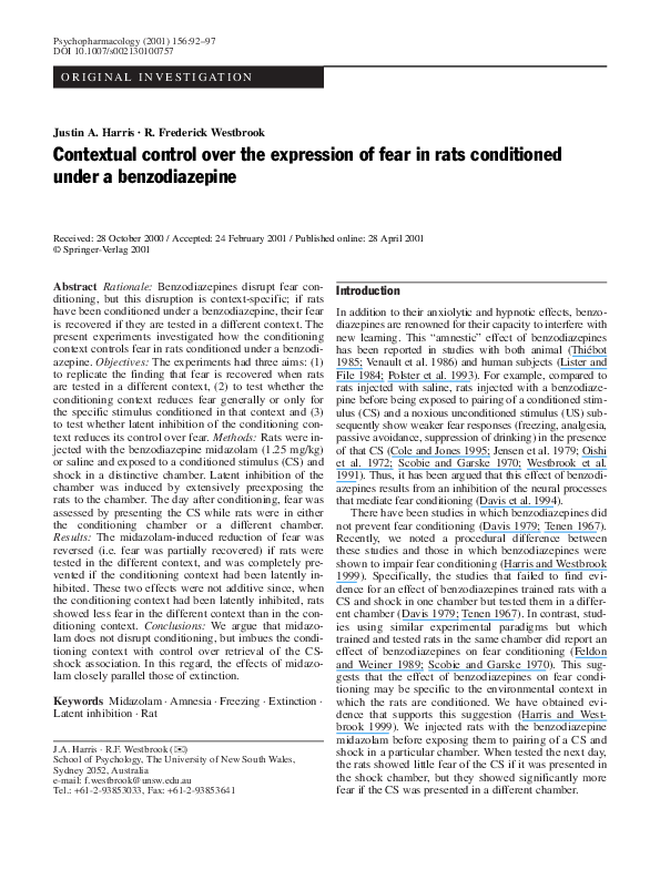 (PDF) Contextual control over the expression of fear in rats ...