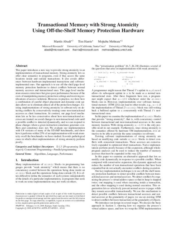 (PDF) Transactional memory with strong atomicity using off-the-shelf memory protection hardware
