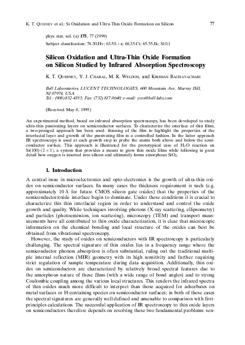 (PDF) Silicon Oxidation and Ultra-Thin Oxide Formation on Silicon Studied by Infrared Absorption ...