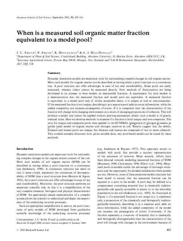 (PDF) When is a measured soil organic matter fraction equivalent to a model pool