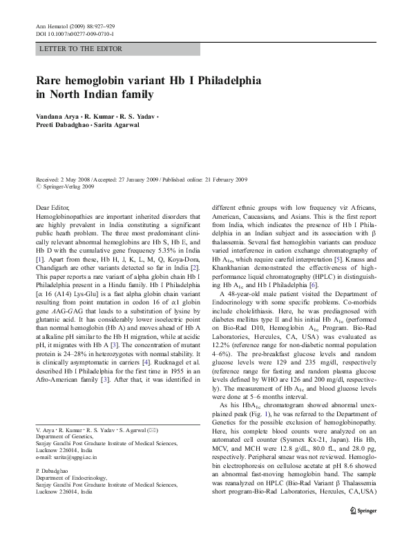 (PDF) Rare hemoglobin variant Hb I Philadelphia in North Indian family