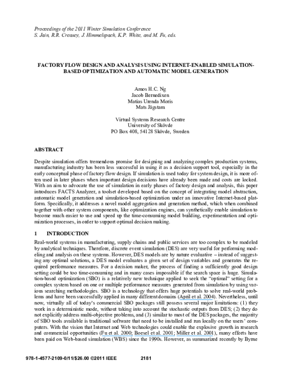 Pdf Factory Flow Design And Analysis Using Internet Enabled Simulation Based Optimization And