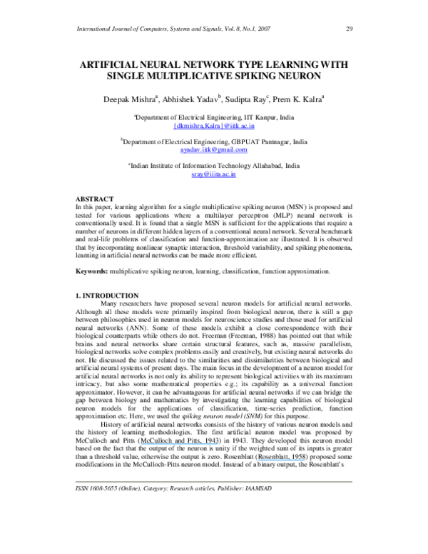 Pdf Artificial Neural Network Type Learning With Single Multiplicative Spiking Neuron 