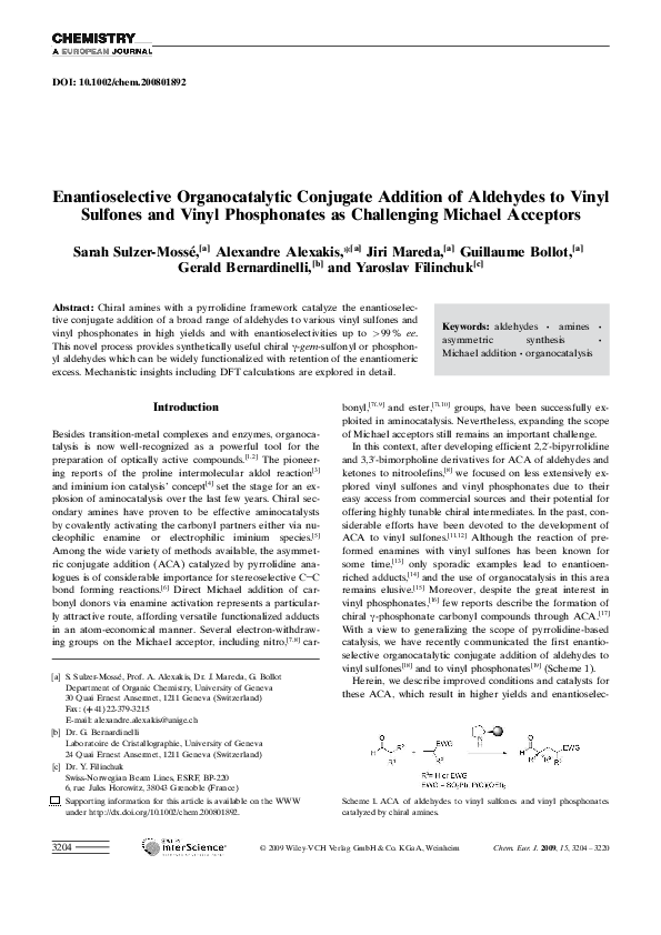 (PDF) Enantioselective organocatalytic conjugate addition of amines to α,β-unsaturated aldehydes ...