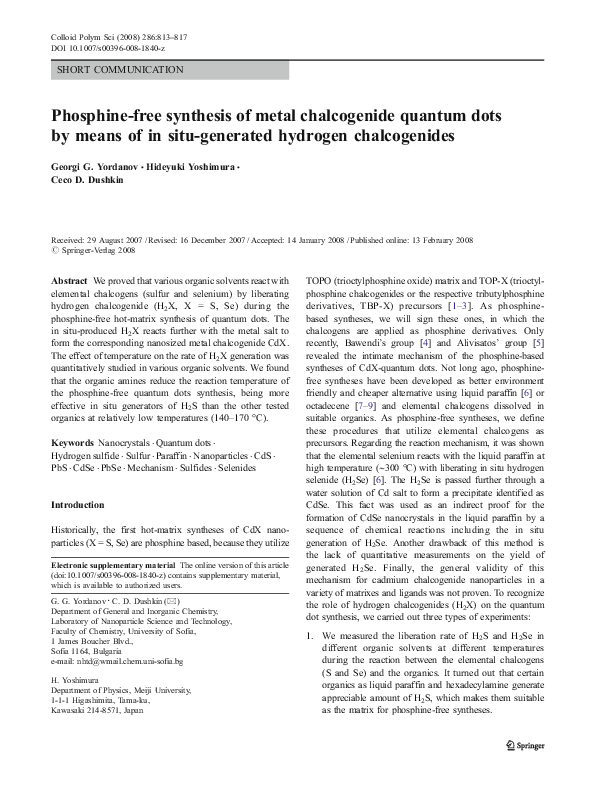 (PDF) Phosphine-free synthesis of metal chalcogenide quantum dots by means of in situ-generated ...