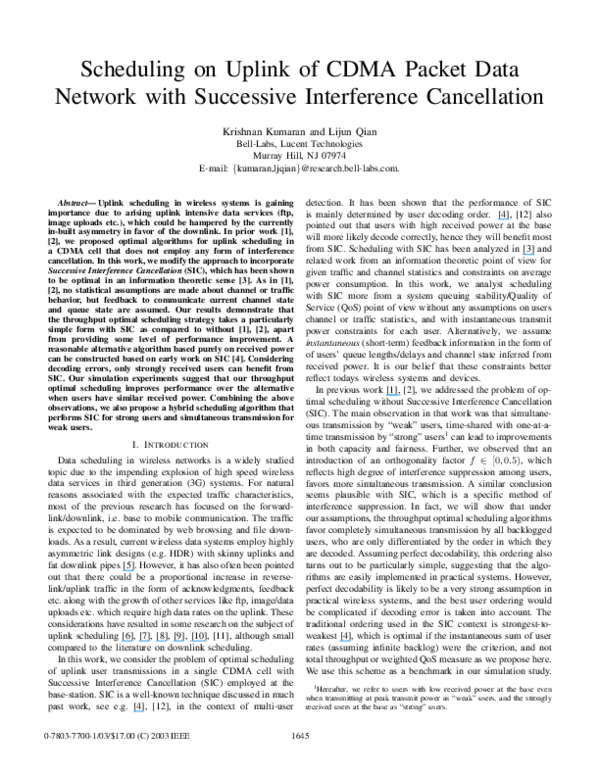 Pdf Scheduling On Uplink Of Cdma Packet Data Network With Successive