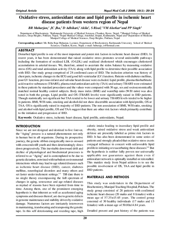 (PDF) Oxidative stress, antioxidant status and lipid profile in ischemic heart disease patients ...