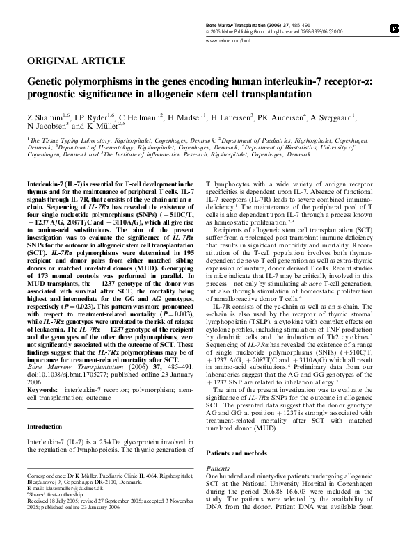 (PDF) Genetic polymorphisms in the genes encoding human interleukin receptor 7A (IL7RA ...