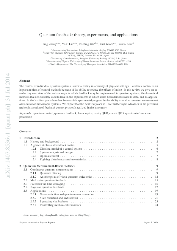 (PDF) Quantum feedback: theory, experiments, and applications | Franco ...