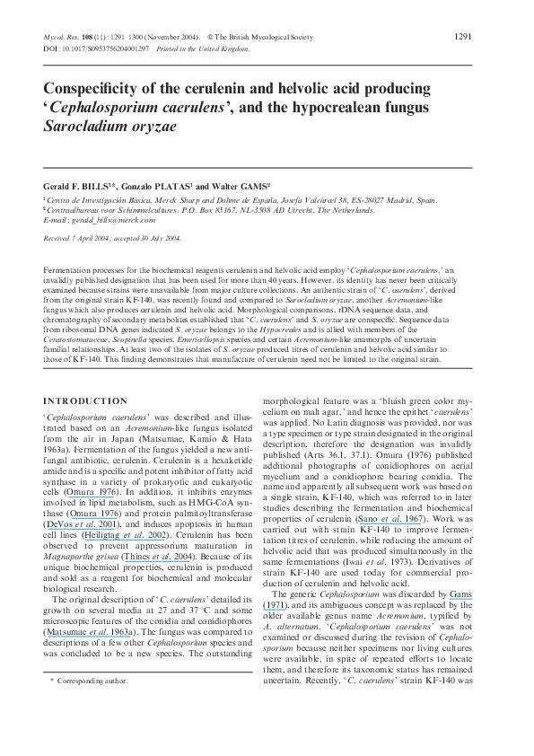 (PDF) Conspecificity of the cerulenin and helvolic acid producing ...