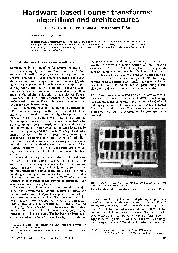 Pdf Hardware Based Fourier Transforms Algorithms And Architectures Tom Curtis