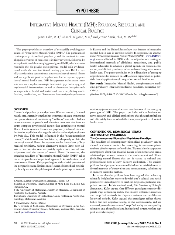 (PDF) Integrative Mental Health (IMH): Paradigm, Research, and Clinical ...