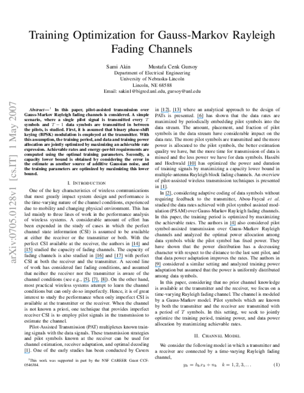 (PDF) Training Optimization for Gauss-Markov Rayleigh Fading Channels