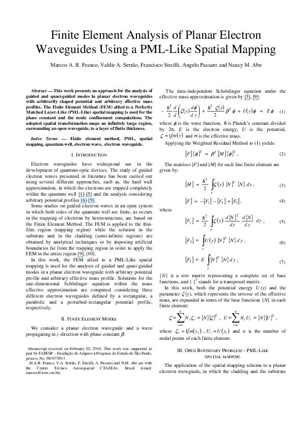 Pdf Finite Element Analysis Of Planar Electron Waveguides Using A Pml Like Spatial Mapping 