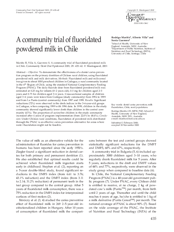 (PDF) A community trial of fluoridated powdered milk in Chile