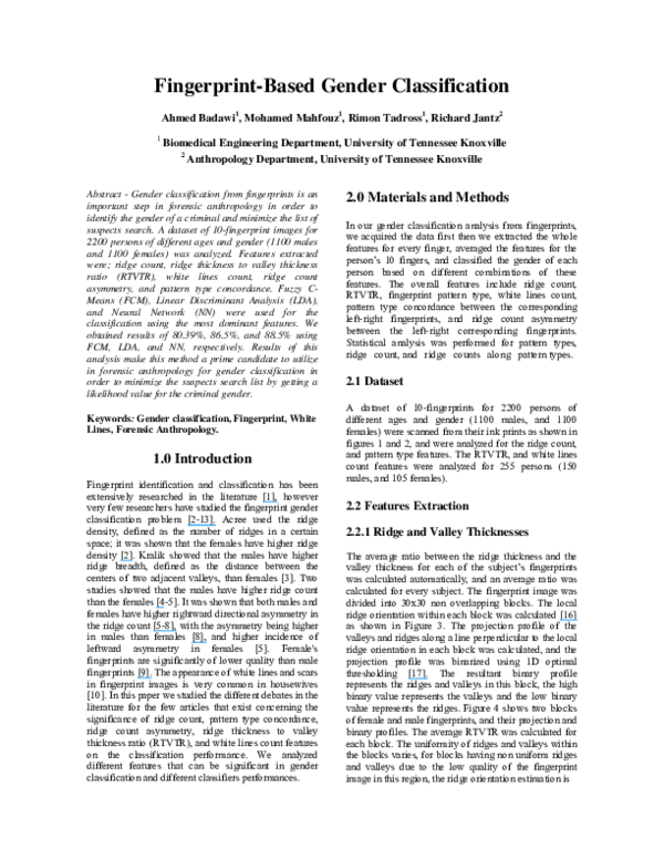 Pdf Gender Classification Via Fingerprint Analysis 