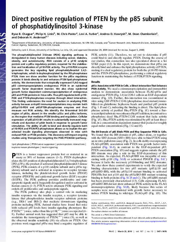 (PDF) Direct positive regulation of PTEN by the p85 subunit of ...
