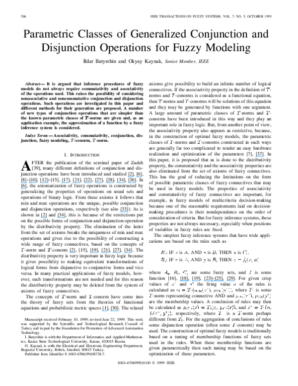 Pdf Parametric Classes Of Generalized Conjunction And Disjunction Operations For Fuzzy Modeling