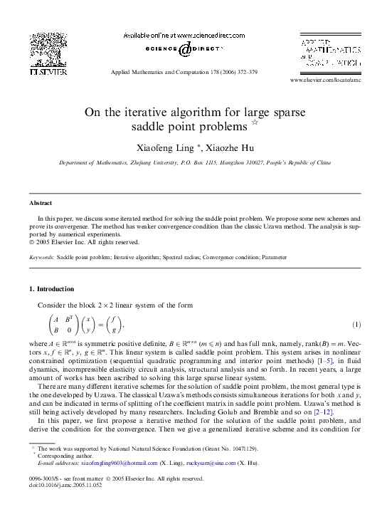 Pdf On The Iterative Algorithm For Large Sparse Saddle Point Problems