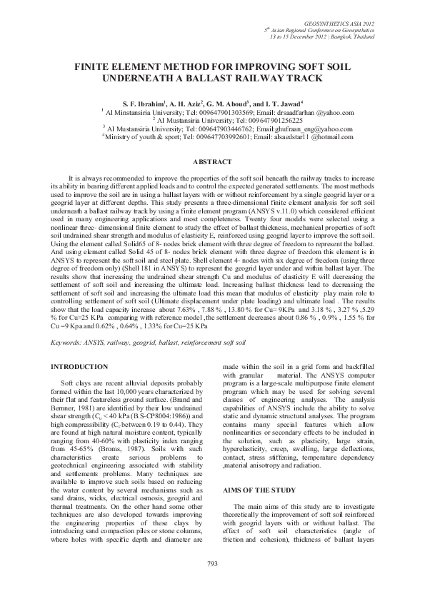 (PDF) FINITE ELEMENT METHOD FOR IMPROVING SOFT SOIL UNDERNEATH A BALLAST RAILWAY TRACK