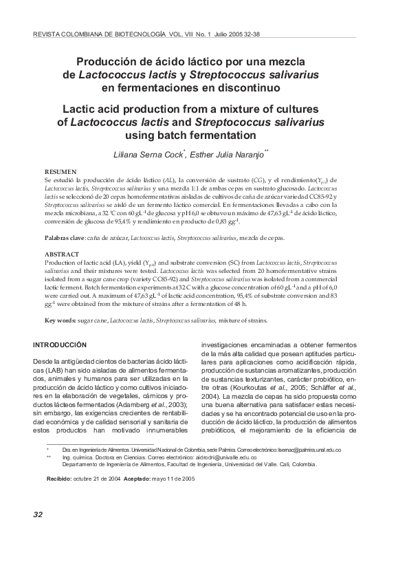 Pdf Lactic Acid Production From A Mixture Of Cultures Of Lactococcus Lactis And Streptococcus
