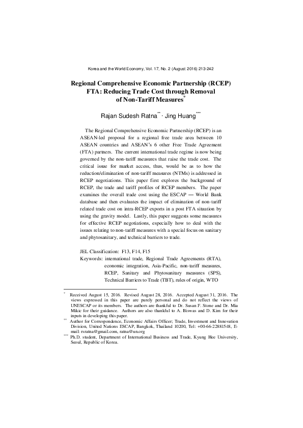 (PDF) Regional Comprehensive Economic Partnership (RCEP) FTA: Reducing ...