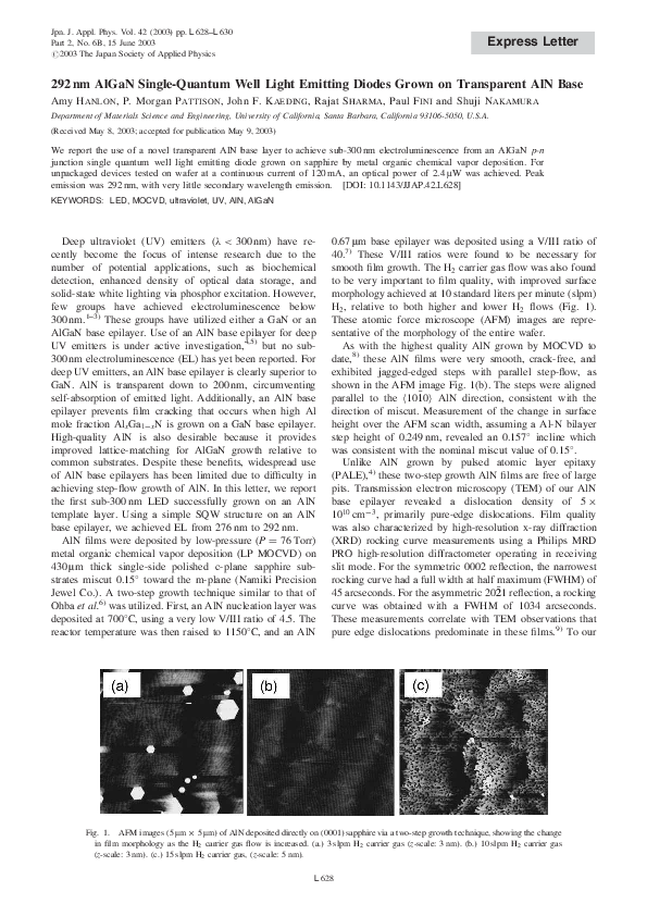 (PDF) 292 nm AlGaN Single-Quantum Well Light Emitting Diodes Grown on ...