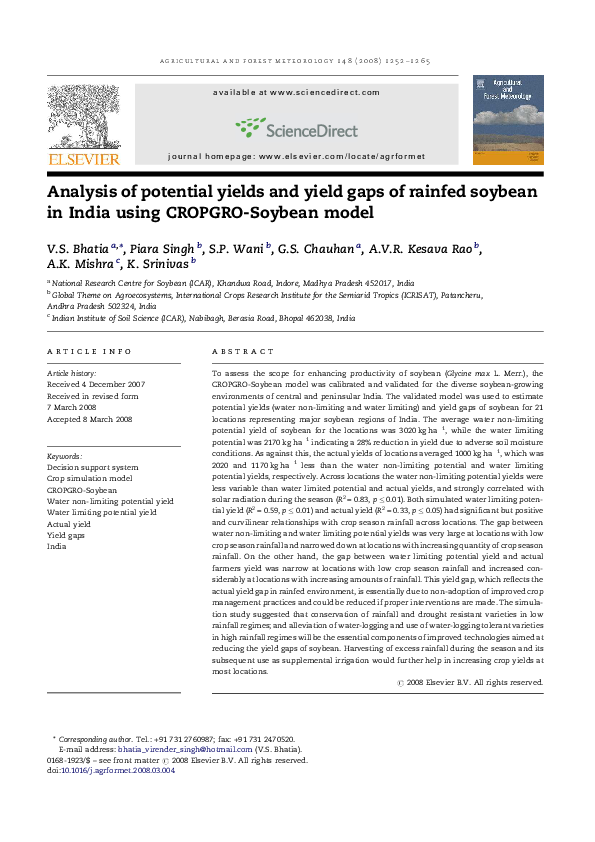 Pdf Analysis Of Potential Yields And Yield Gaps Of Rainfed Soybean In India Using Cropgro