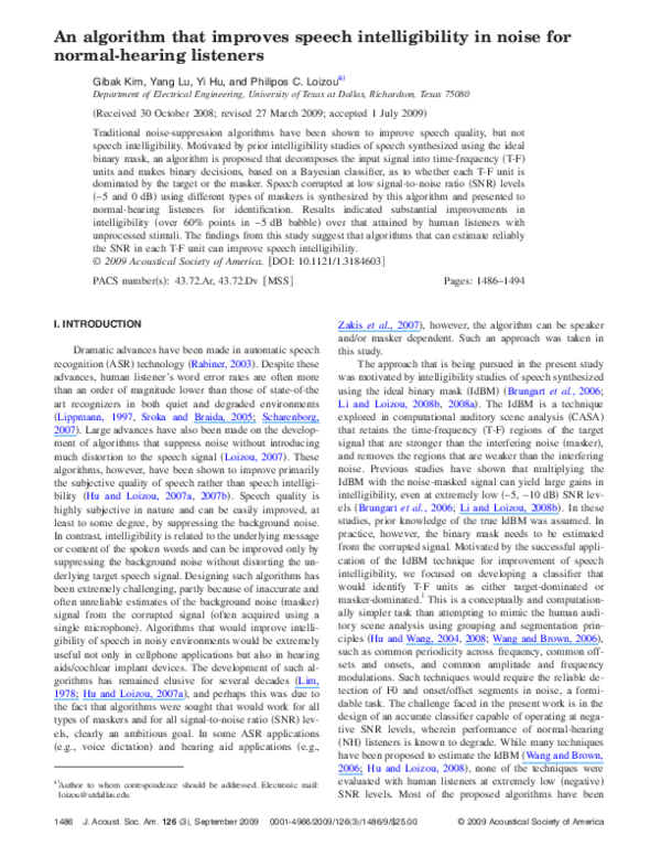 (PDF) An algorithm that improves speech intelligibility in noise for normal-hearing listeners