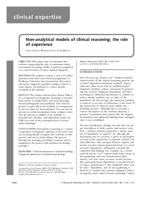 (PDF) Non-analytical models of clinical reasoning: the role of experience