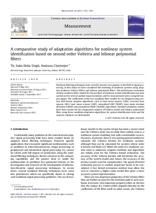 (PDF) A comparative study of adaptation algorithms for nonlinear system identification based on ...