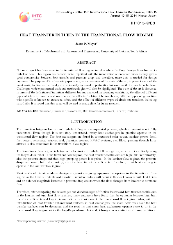(PDF) Heat transfer in tubes in the transitional flow regime. Keynote.