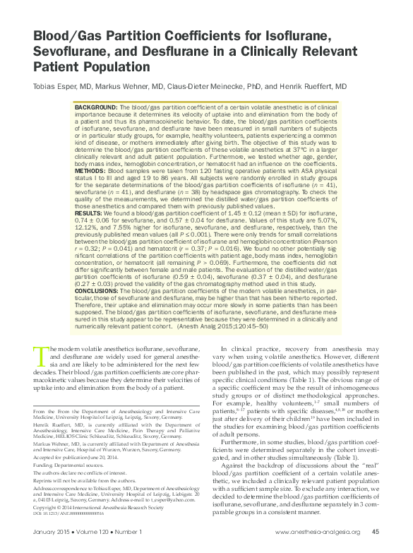 (PDF) Blood/Gas partition coefficients for isoflurane, sevoflurane, and ...