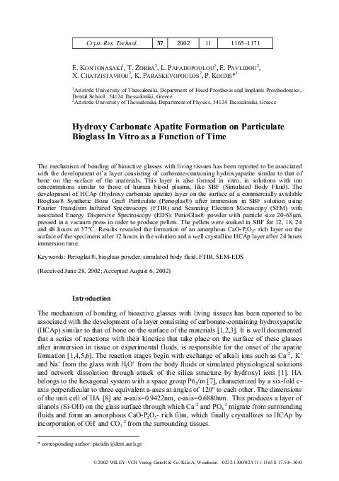 (PDF) Hydroxy Carbonate Apatite Formation on Particulate Bioglass In Vitro as a Function of Time