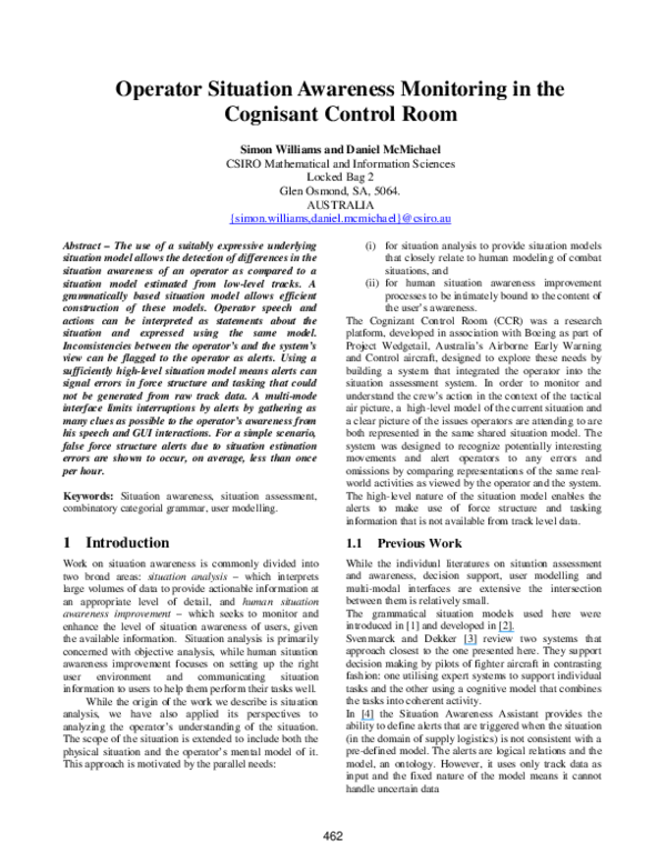(PDF) Operator situation awareness monitoring in the cognisant control room