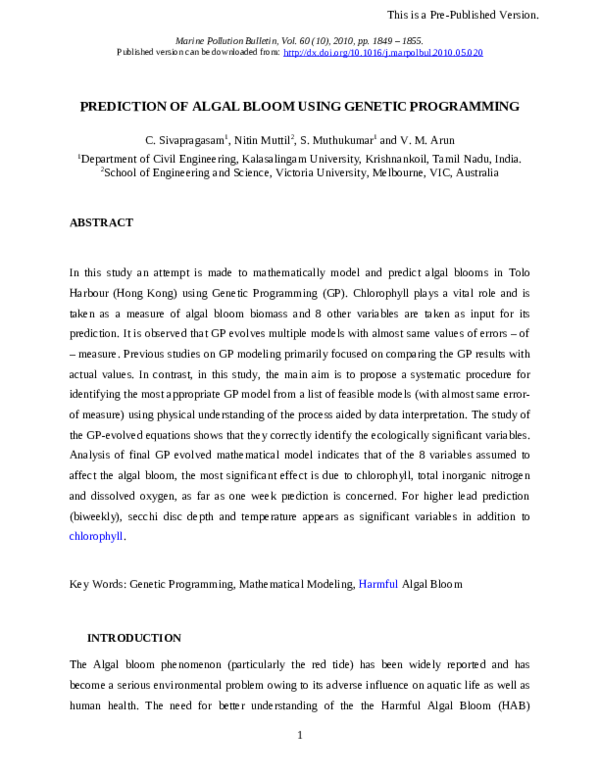 (PDF) Prediction of algal blooms using genetic programming