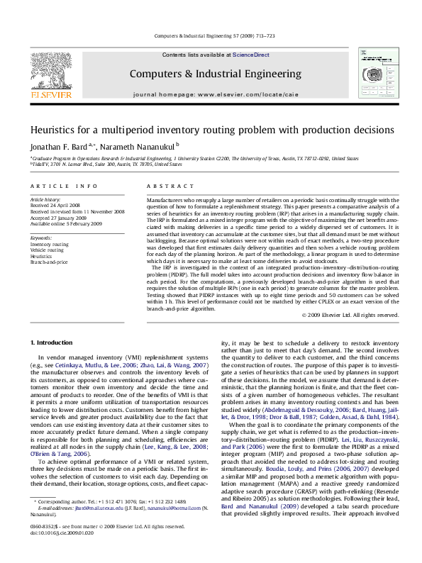 (PDF) Heuristics for a multiperiod inventory routing problem with production decisions
