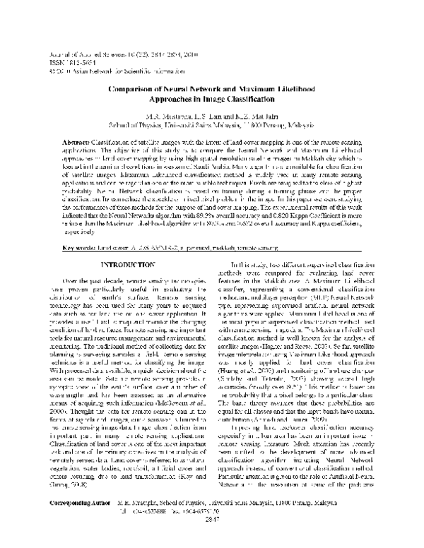 (PDF) Comparison of Neural Network and Maximum Likelihood Approaches in Image Classification