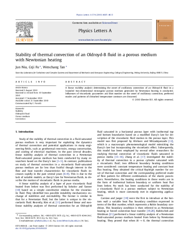 (PDF) Stability of thermal convection of an Oldroyd-B fluid in a porous medium with Newtonian ...